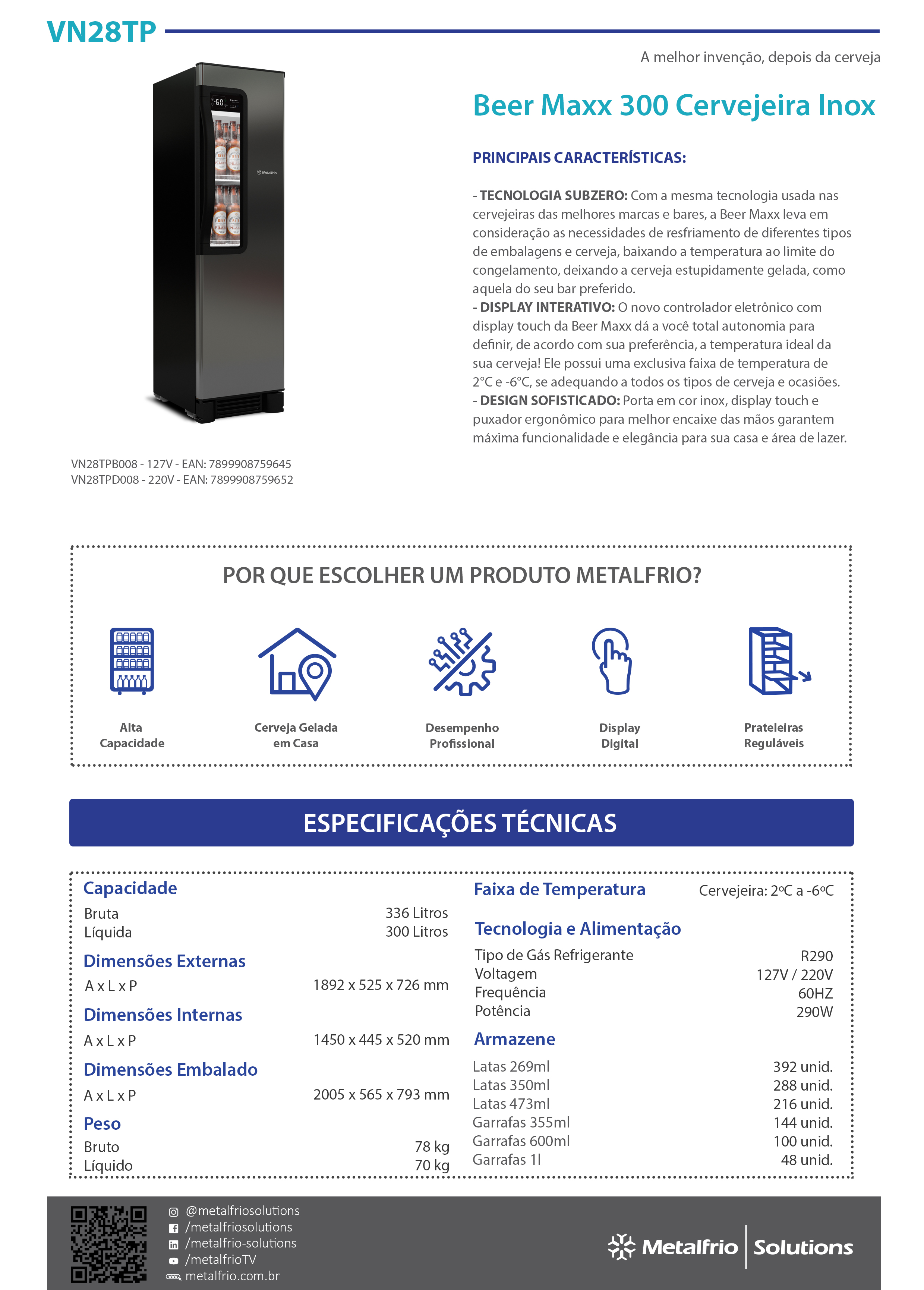Beer Maxx 300 (VN28TP) - Cervejeira Cor inox - 336L Metalfrio